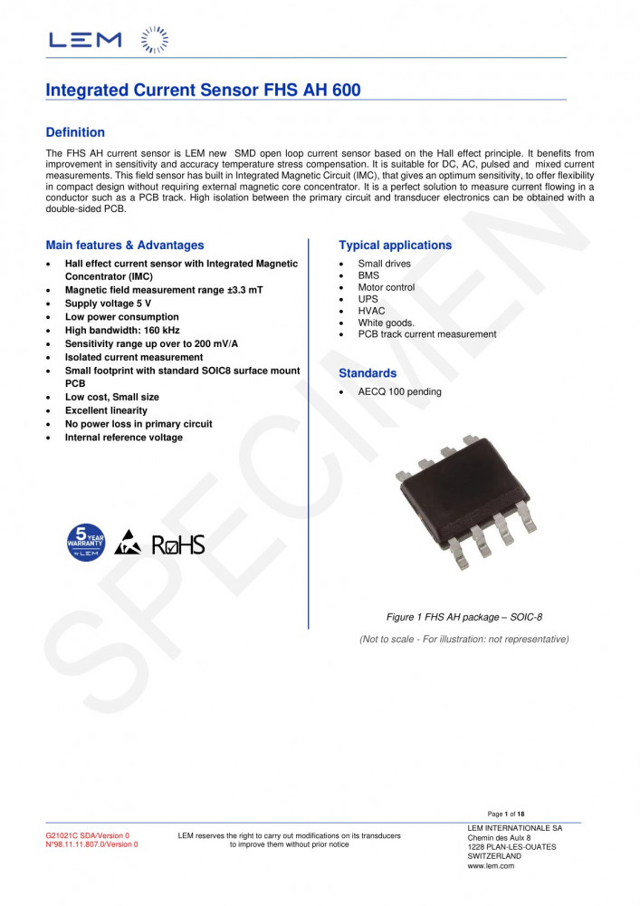 FHS AH 600 datasheet page 1
