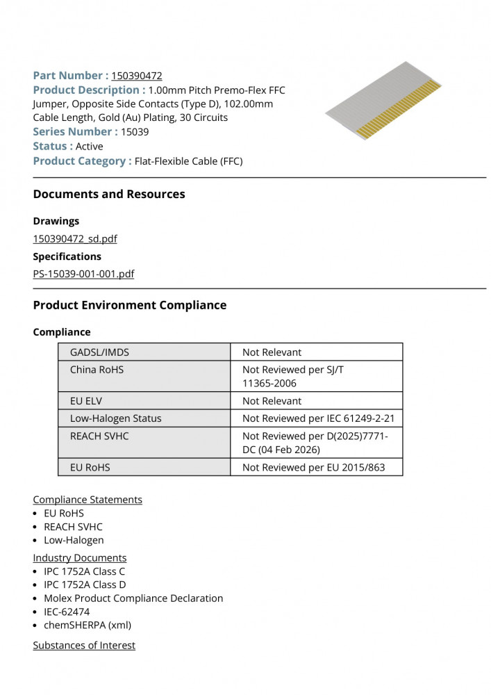 MOLEX FFC family specification, page 1