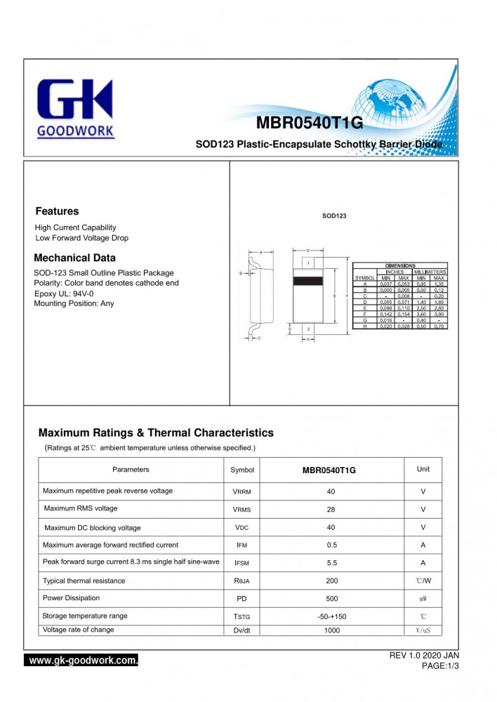 MBR0540T1G technical document page 1