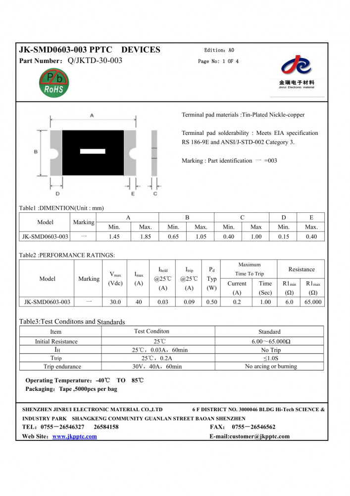 Jinrui JK-SMD0603-003-30V datasheet page 1