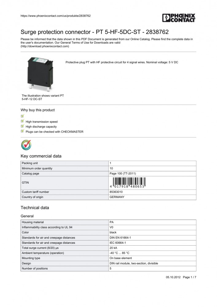 Phoenix Contact 2838762 technical document page 1