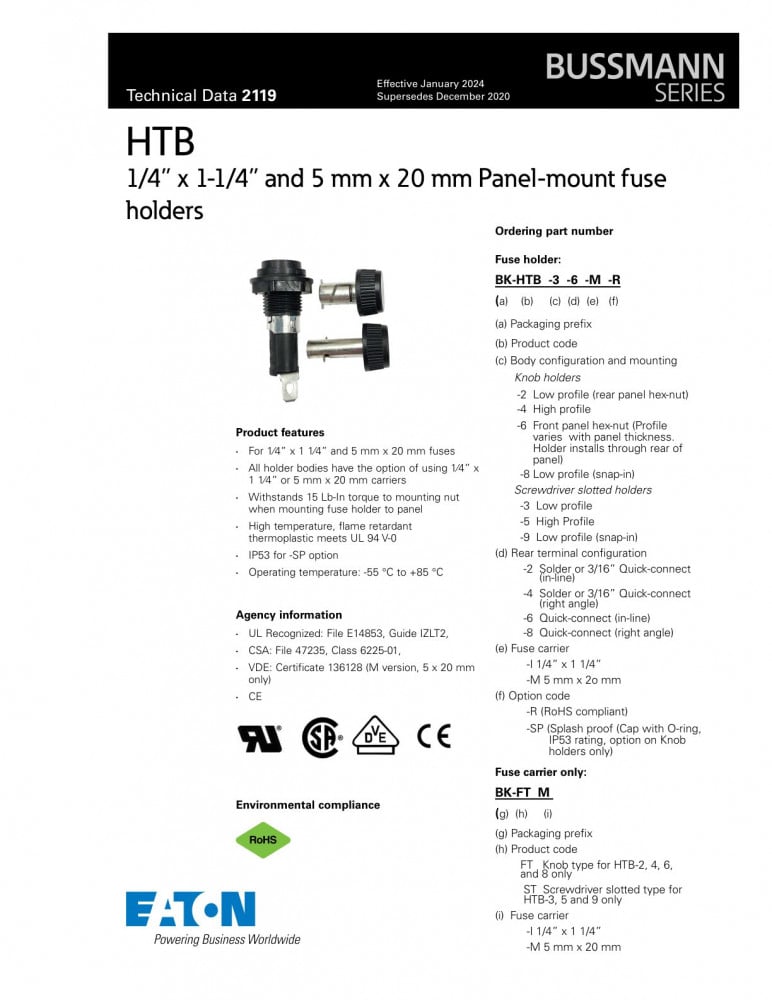EATON HTB fuse holder datasheet page 1