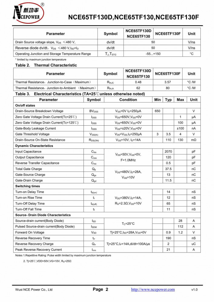 NCE65TF130F datasheet page 2