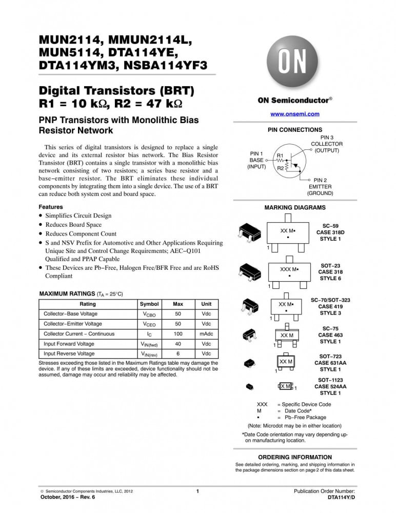 NSVDTA114YM3T5G datasheet page 1