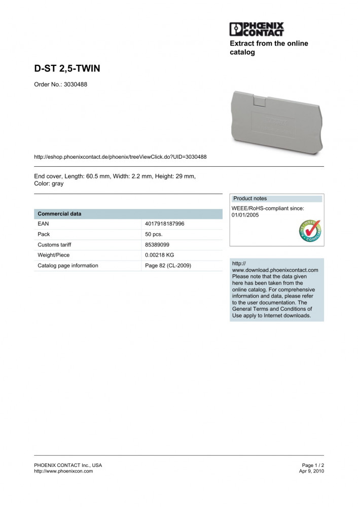Phoenix Contact D-ST 2,5-TWIN 3030488 document page 1