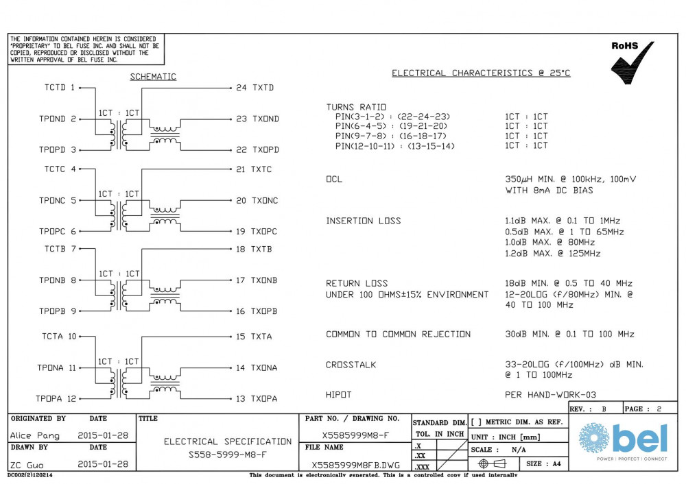 Bel Fuse S558-5999-M8-F electrical specification