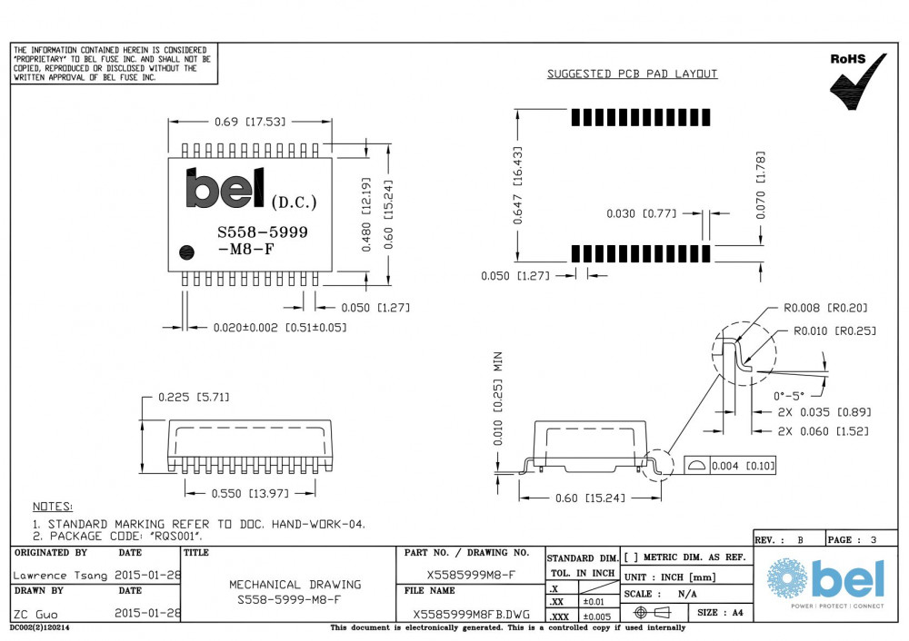Bel Fuse S558-5999-M8-F mechanical drawing and PCB pad layout