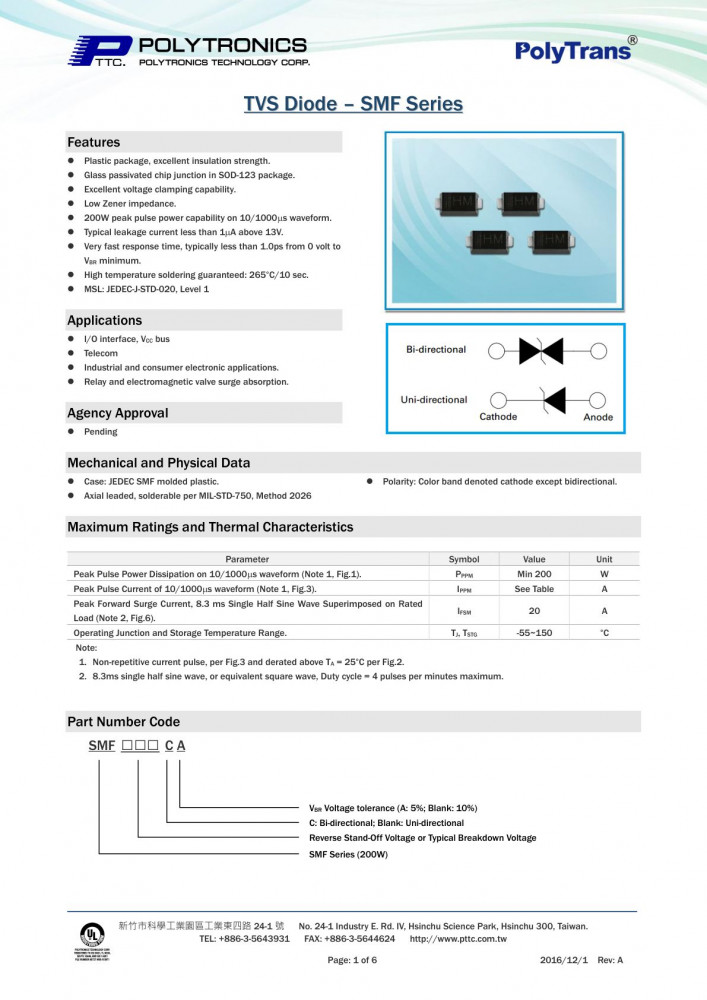 PTTC SMF Series datasheet page 1