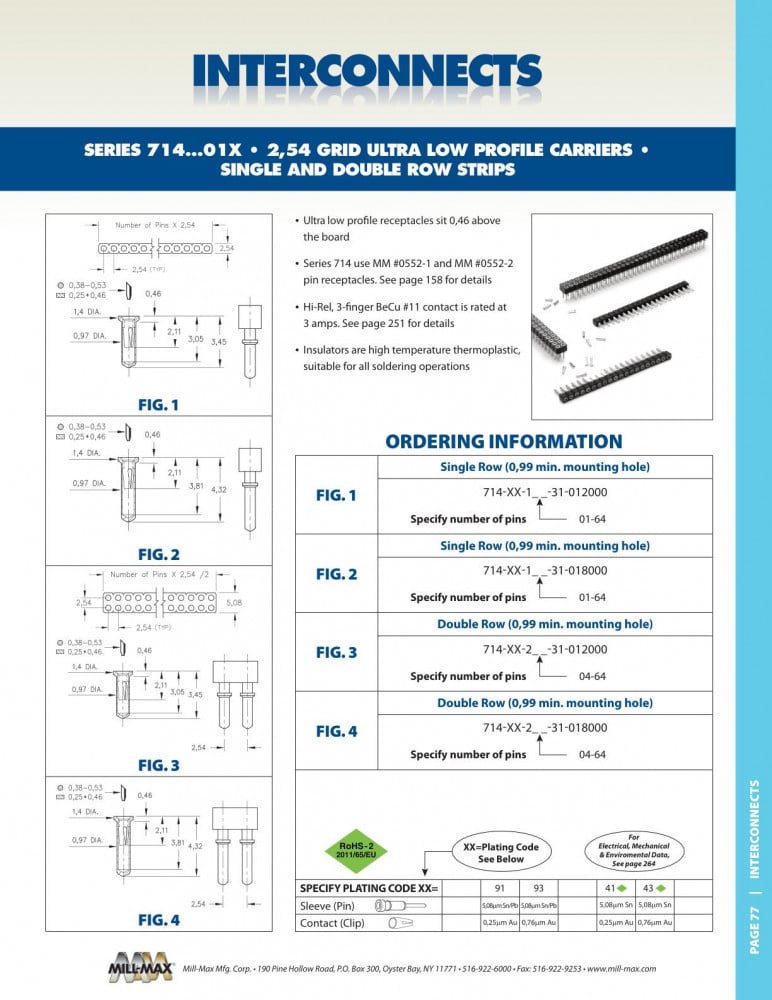 Mill-Max Series 714 ultra-low-profile receptacle carrier documentation
