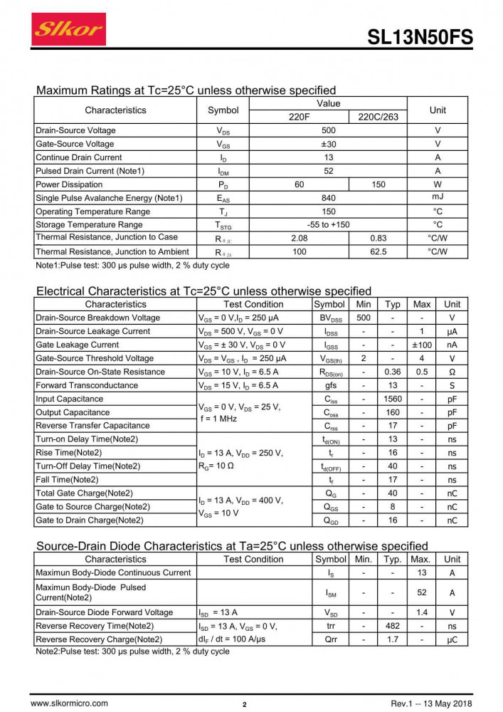 SL13N50FS datasheet page 2