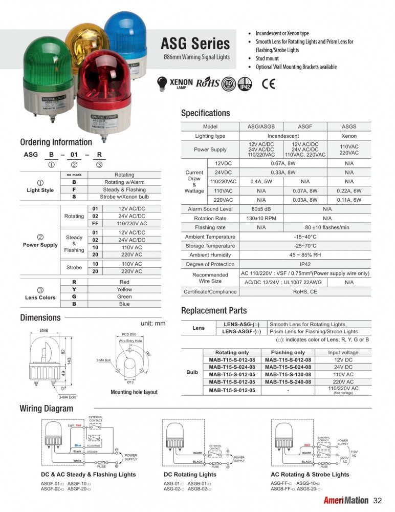 ASG Series warning signal lights technical document page