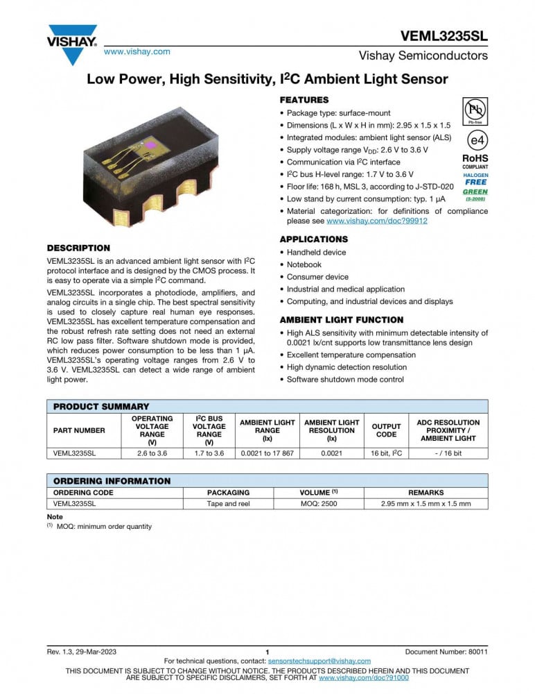 VEML3235SL datasheet page 1