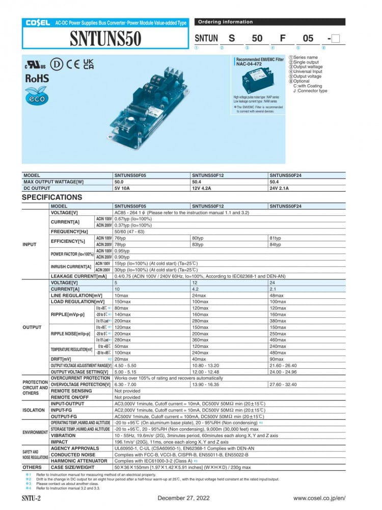 Cosel SNTU-series datasheet page 2