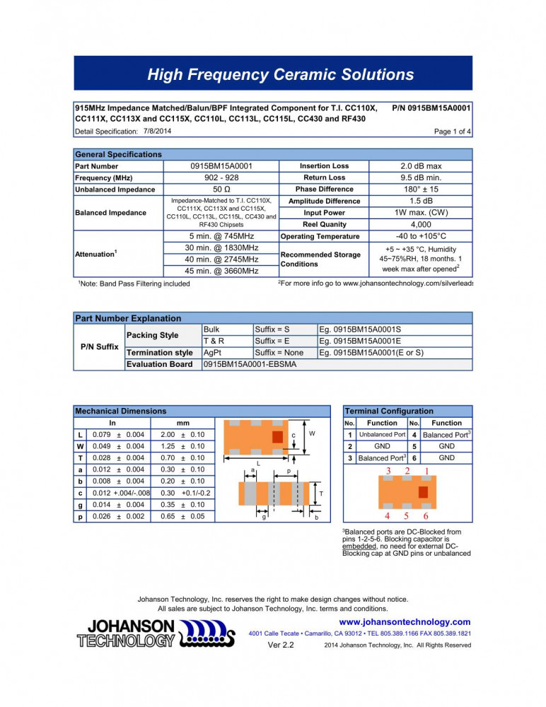 0915BM15A0001E datasheet page 1: specifications, package dimensions and terminal configuration