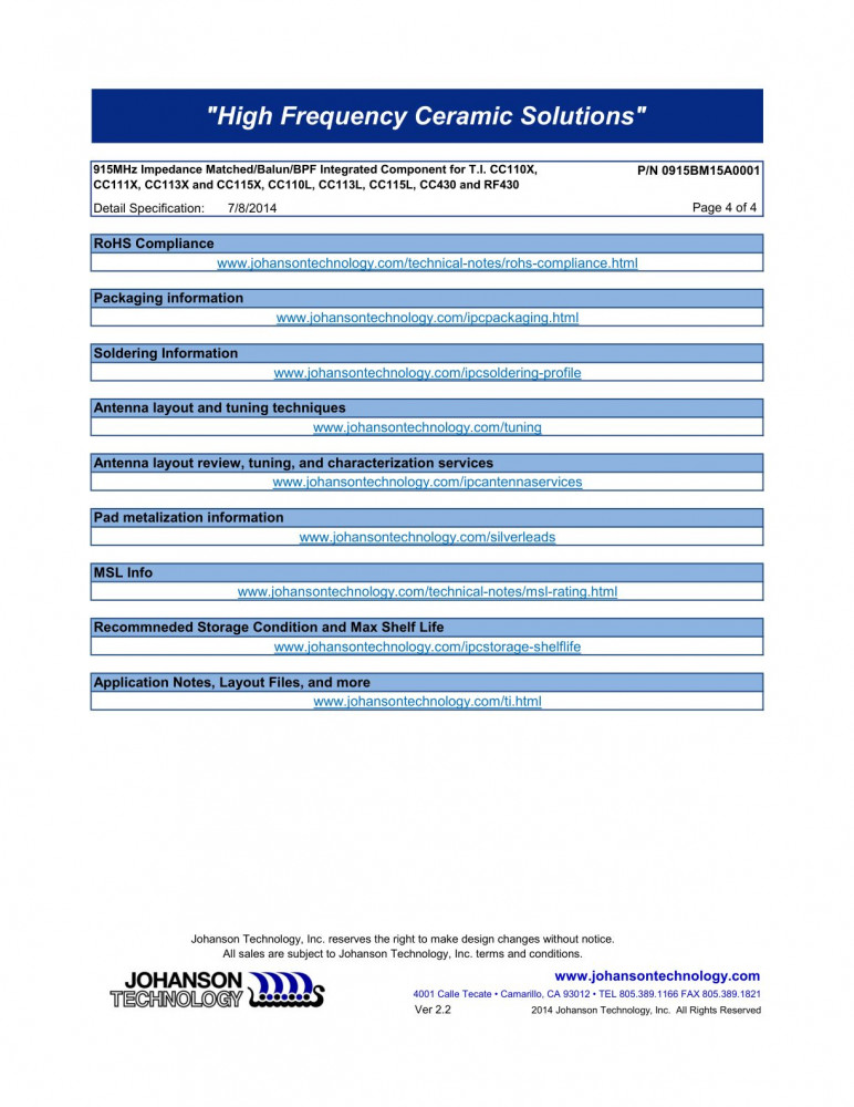 0915BM15A0001E datasheet page 4: compliance, packaging and handling references
