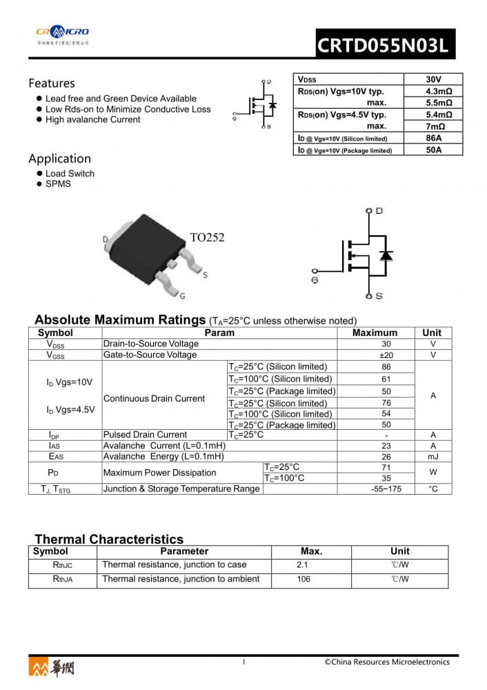 CRTD055N03L datasheet page 1