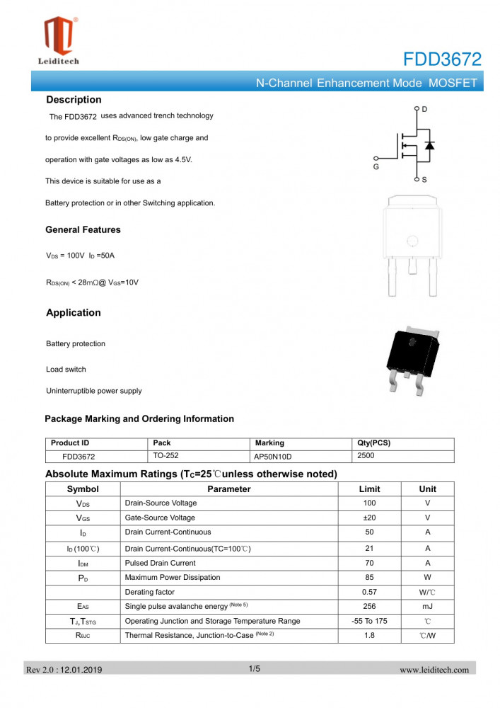 FDD3672 datasheet page 1