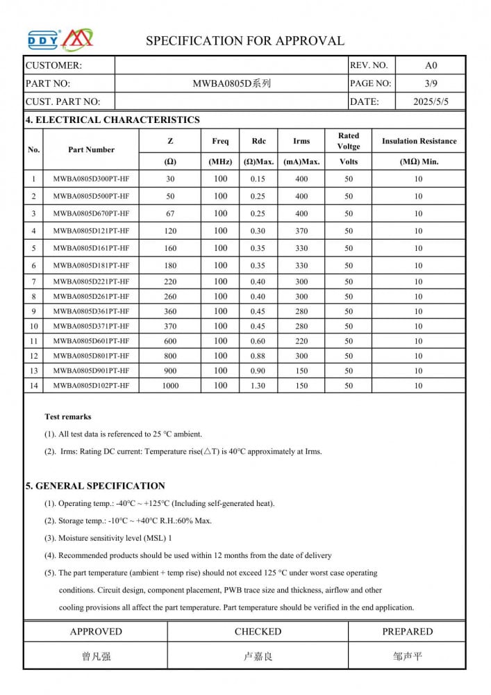 MWBA0805D approval specification page 4