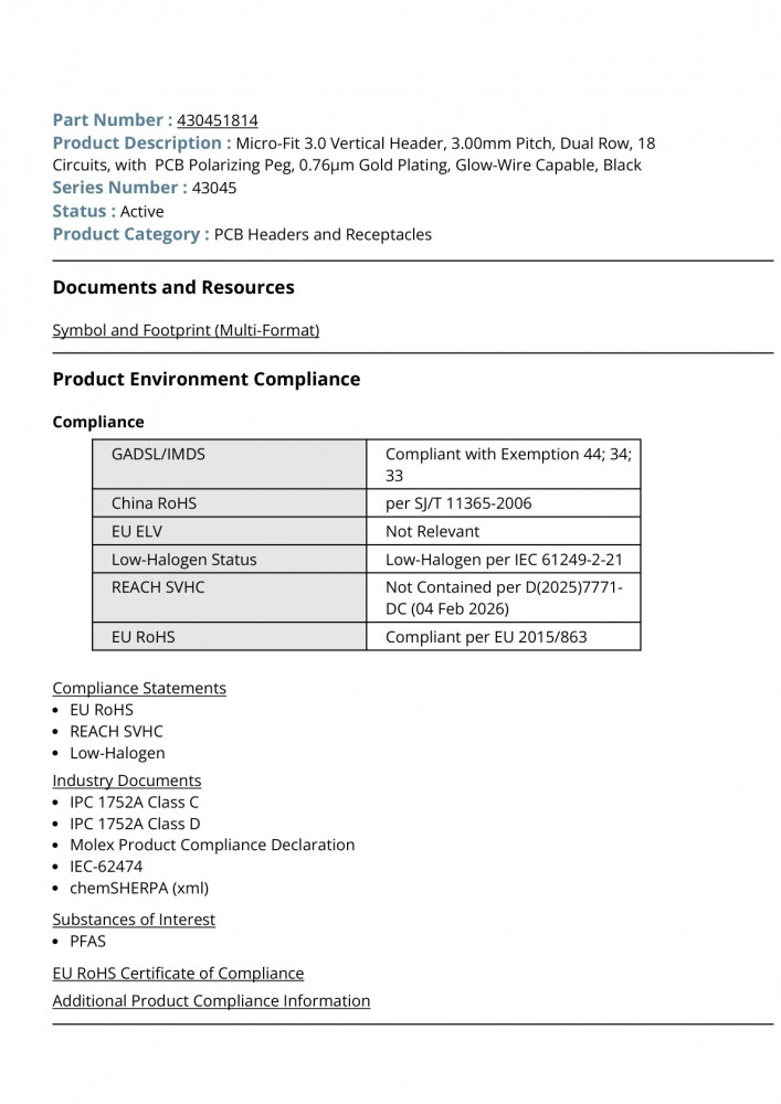 Technical document page 1 for MOLEX 430451814