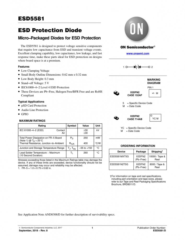 ESD5581N2T5G datasheet page 1