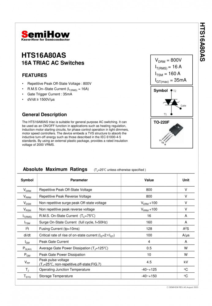 HTS16A80AS technical document page 1