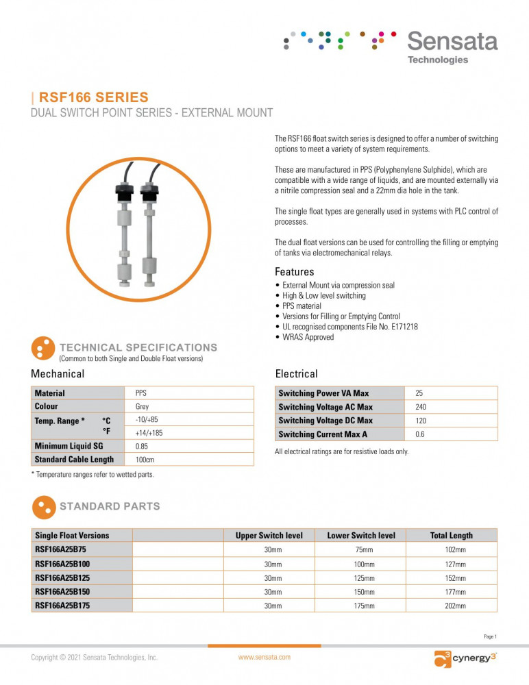 Sensata RSF166 float switch technical documentation page 1