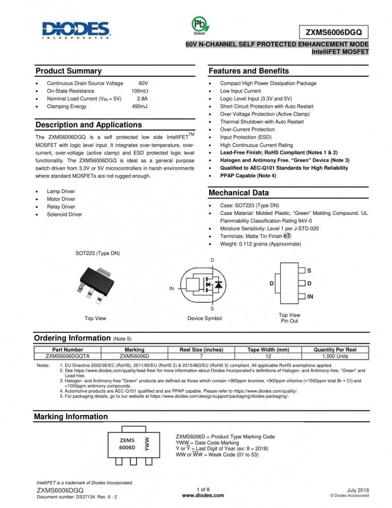 ZXMS6006DGQTA datasheet page 1