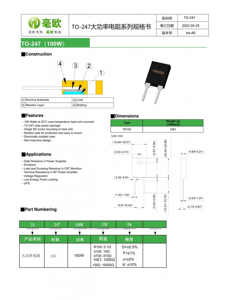 Milliohm TO-247 100 W power resistor datasheet page 1