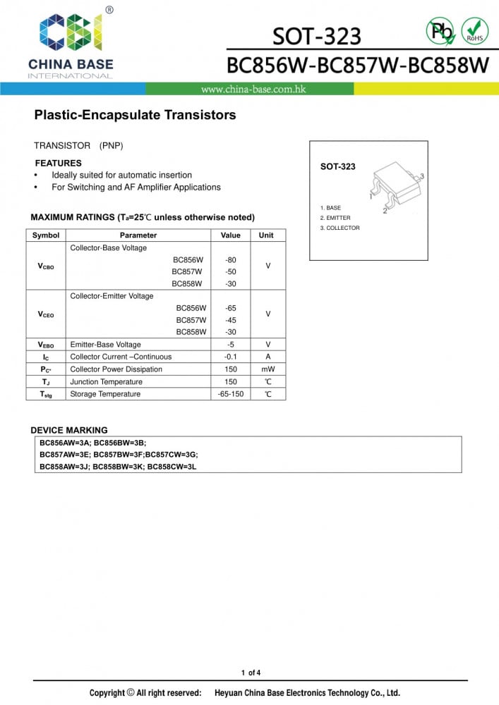 CBI BC856BW datasheet page 1