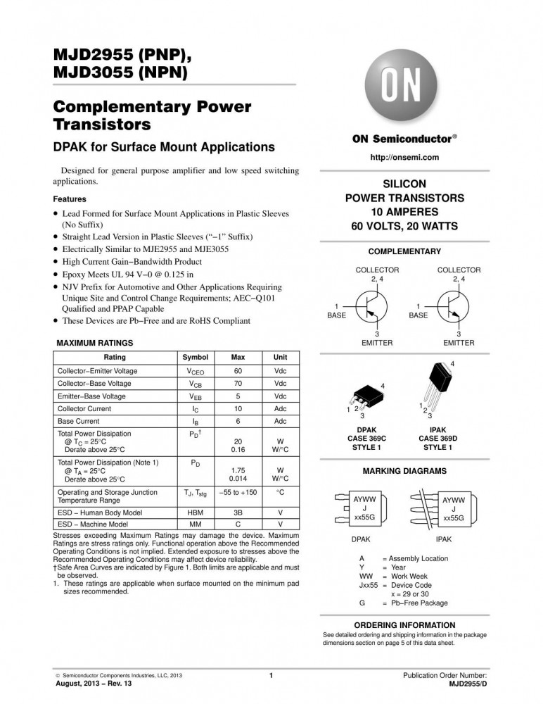 MJD3055T4G datasheet page 1