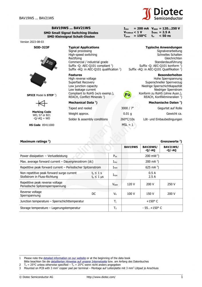 DIOTEC BAV21WS datasheet page 1