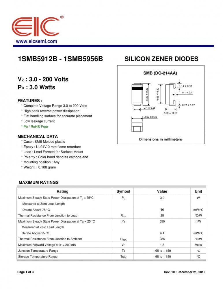 EIC 1SMB5943B datasheet page 1