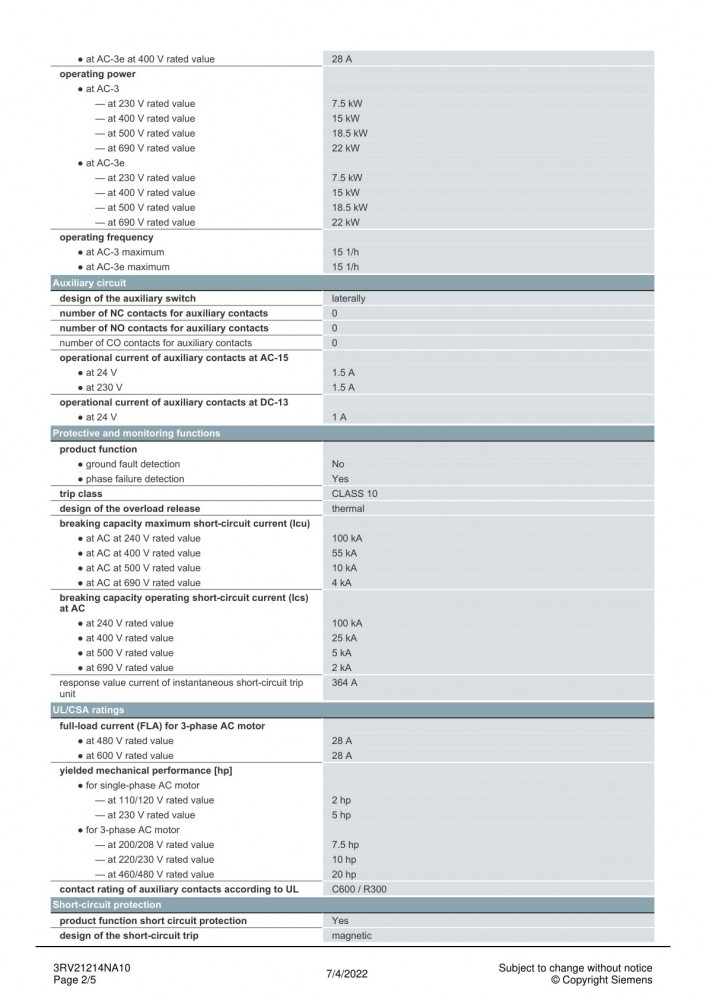 3RV21214NA10 datasheet page 2