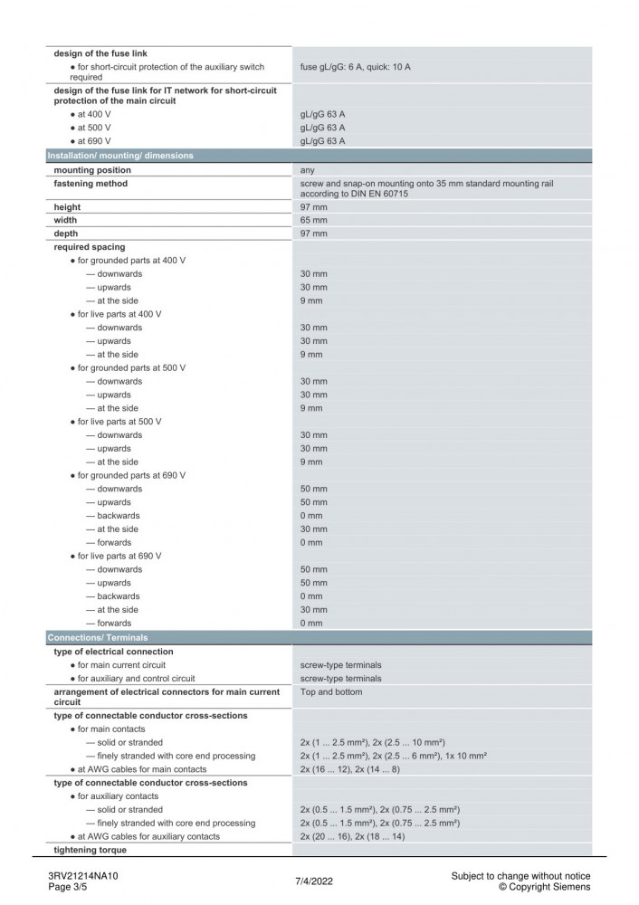 3RV21214NA10 datasheet page 3