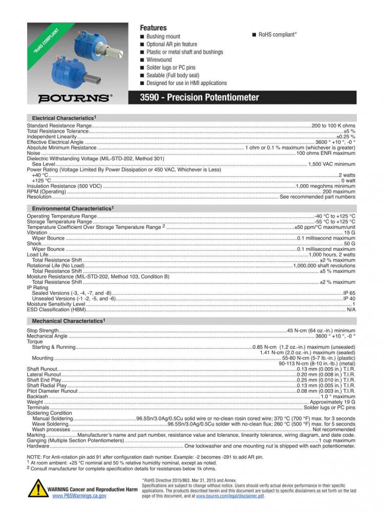 BOURNS 3590 precision potentiometer datasheet page 1