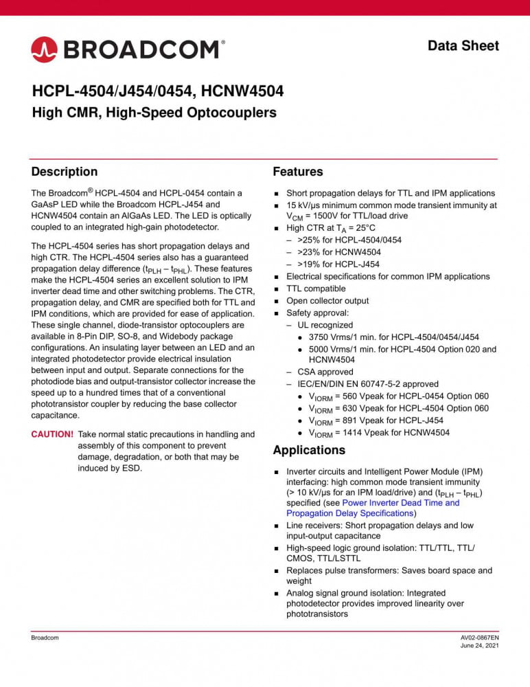 HCPL-J454 datasheet page 1