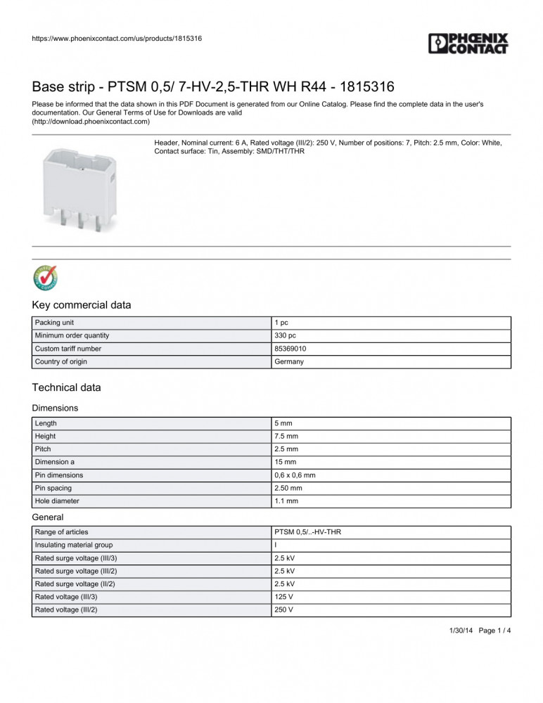 Phoenix Contact 1815316 product catalog page