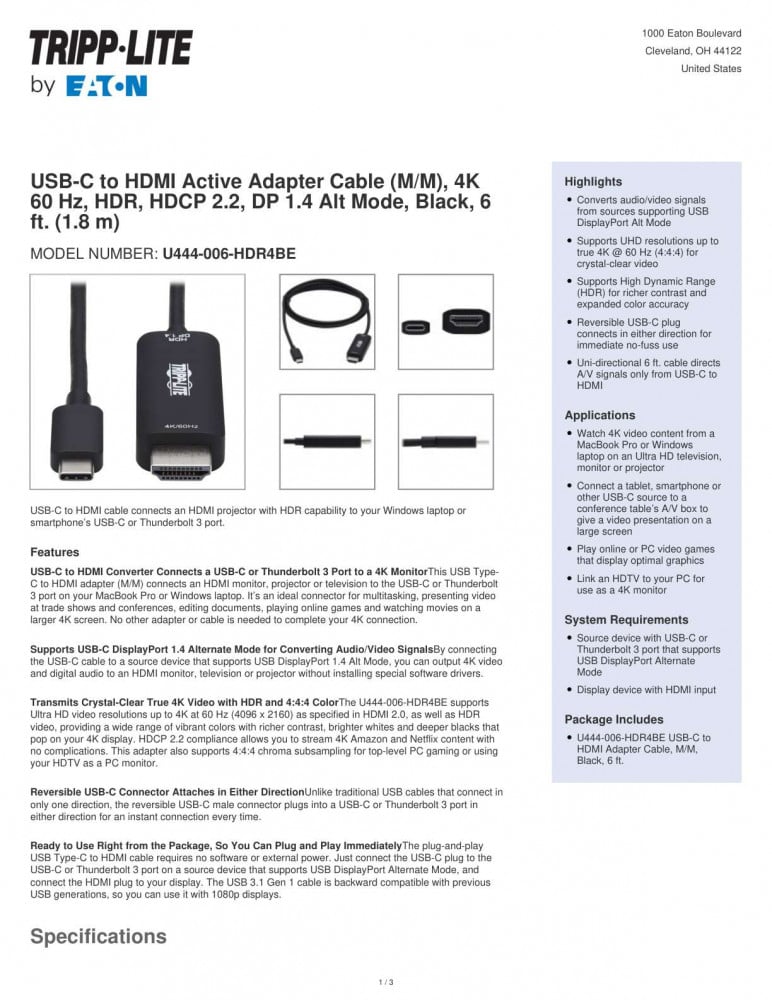 U444-006-HDR4BE technical document page 1