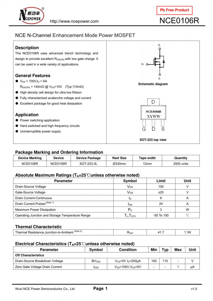 NCE0106R datasheet page 1