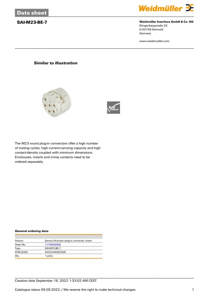 WEIDMULLER 1170040000 technical document page 1