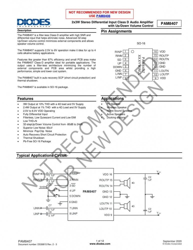 PAM8407DR datasheet page 1