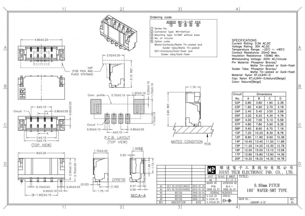 A0800WV-S-10P technical drawing and specifications