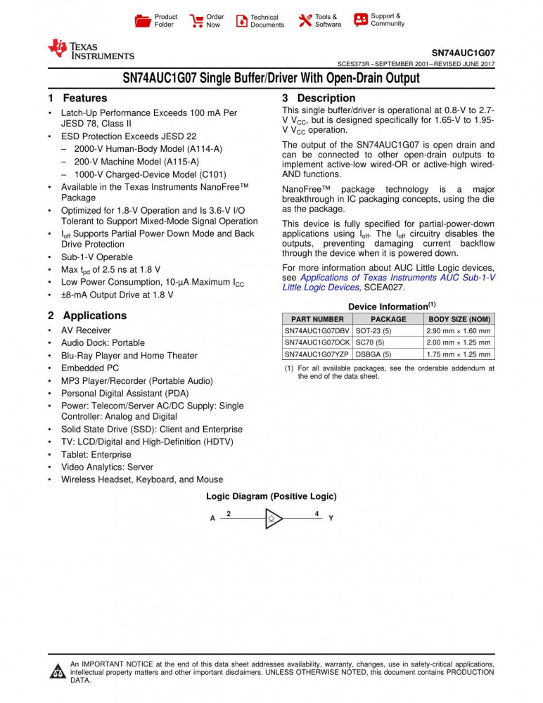 SN74AUC1G07 datasheet preview, page 1