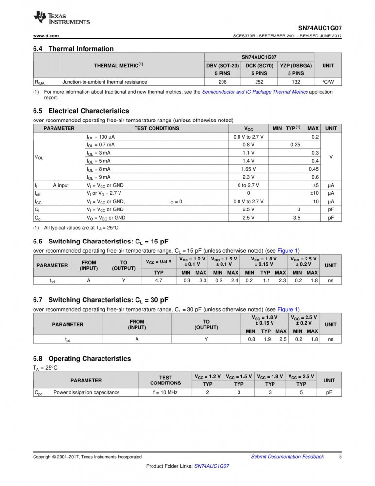 SN74AUC1G07 datasheet preview, page 5