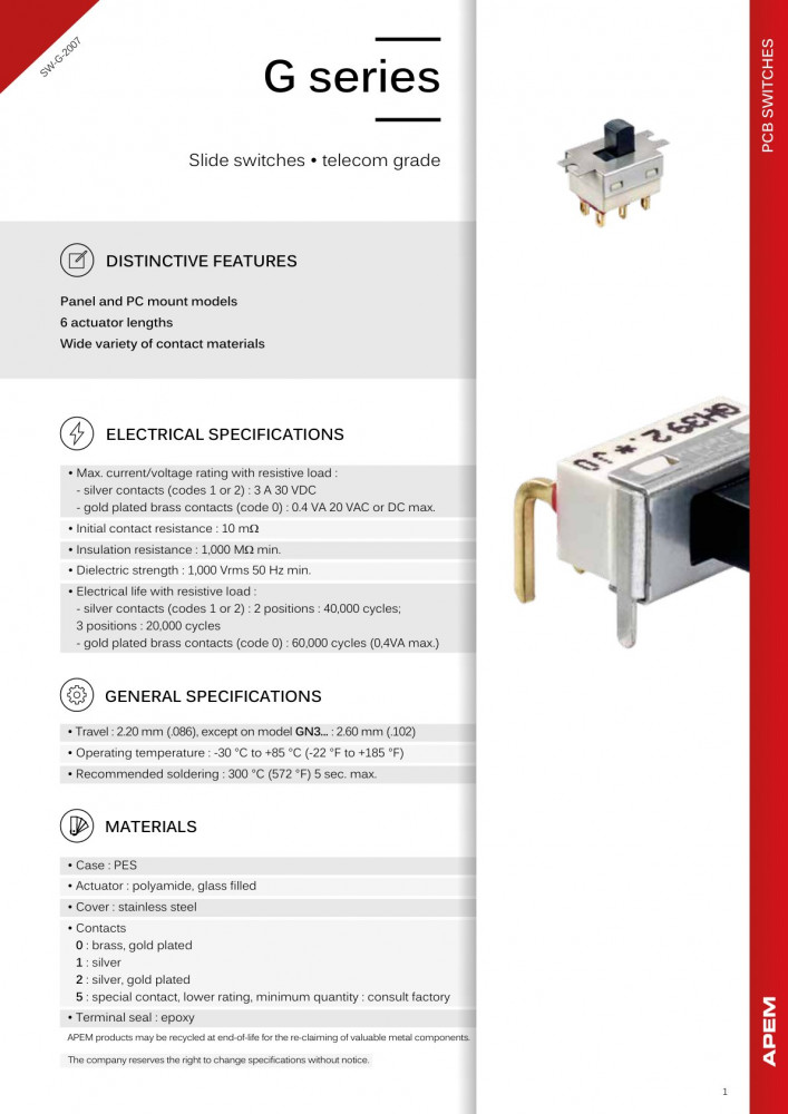 APEM G series datasheet page 1