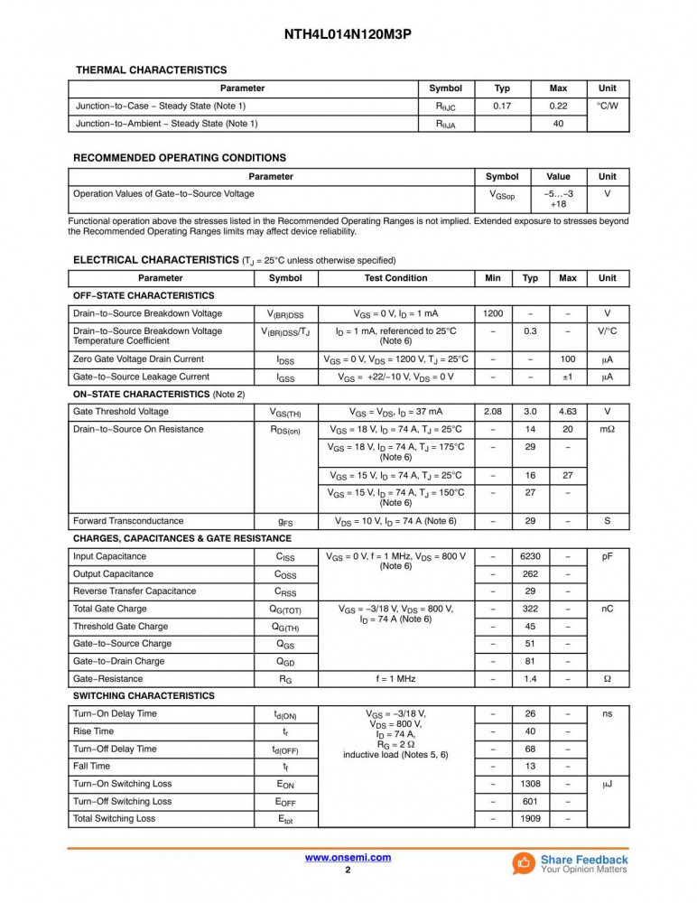 NTH4L014N120M3P datasheet page 2