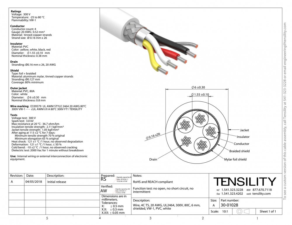 Tensility 30-01028 product drawing and cable specification sheet