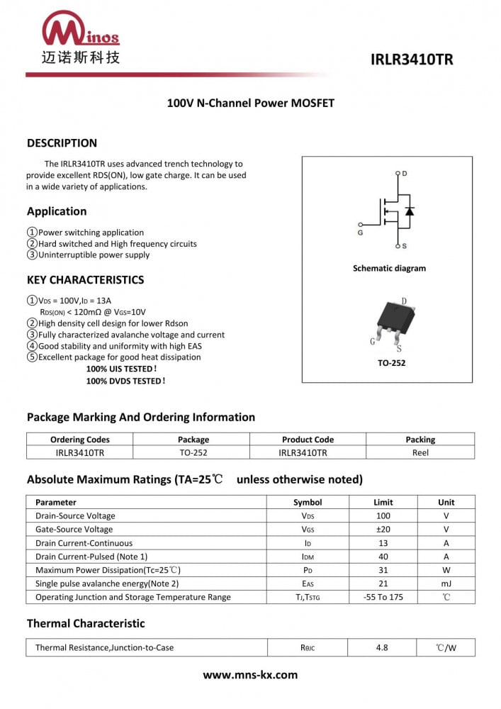 IRLR3410TR datasheet page 1