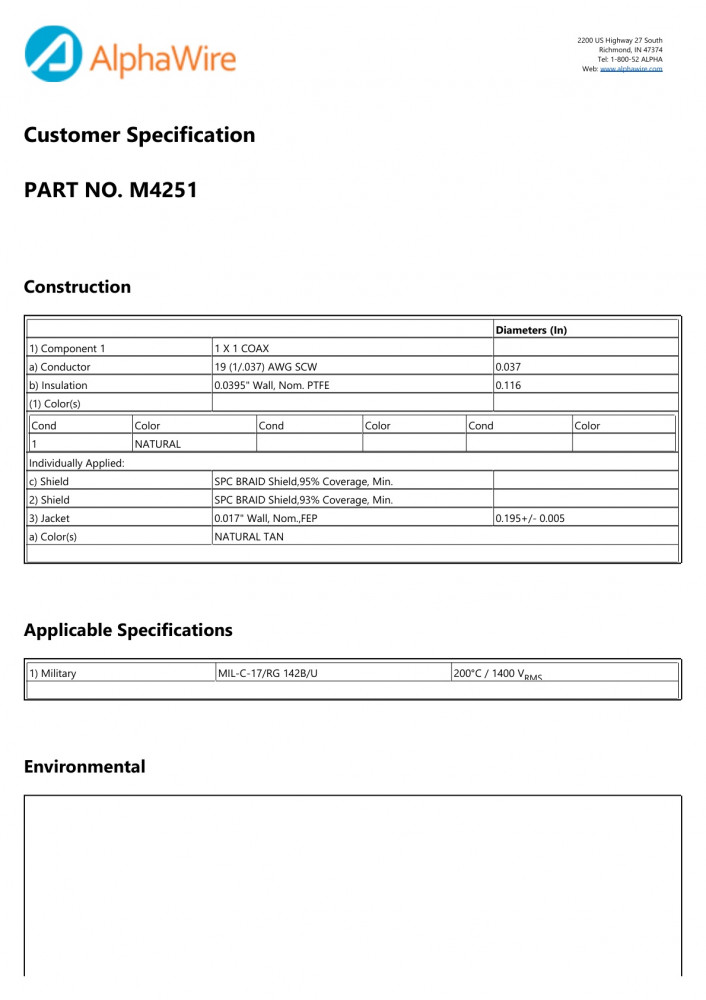 Alpha Wire M4251 specification page 1