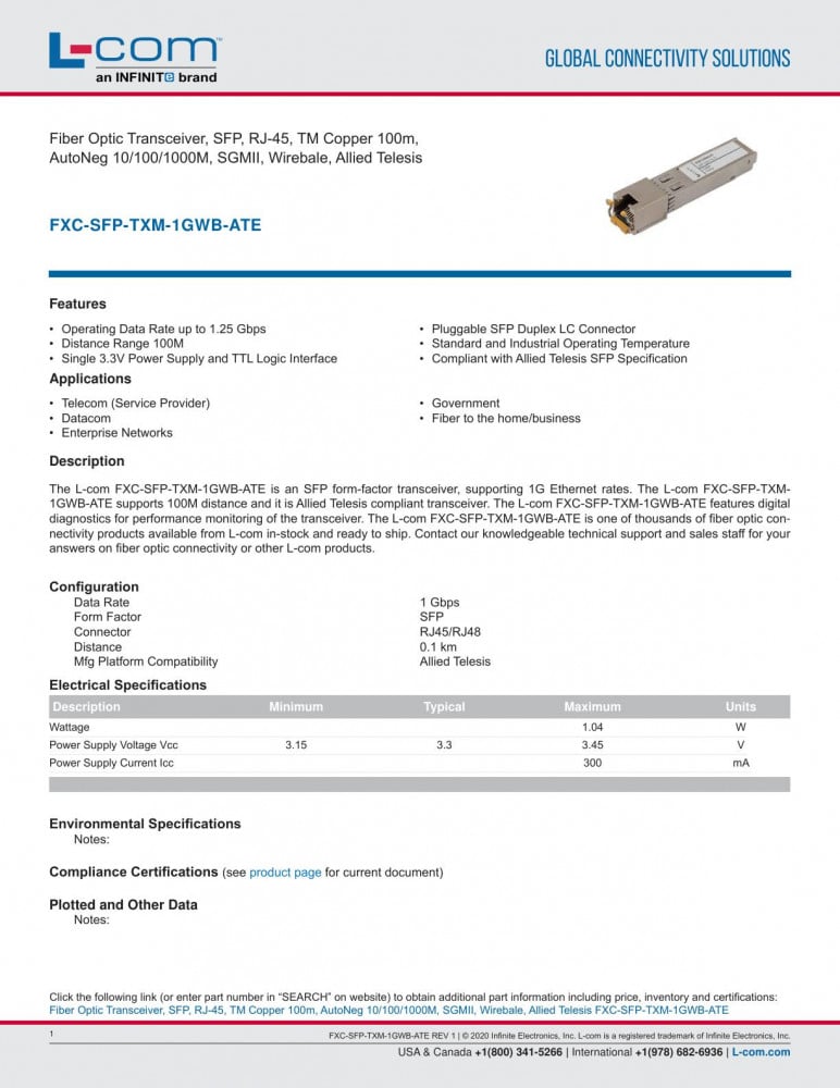 FXC-SFP-TXM-1GWB-ATE datasheet page 1